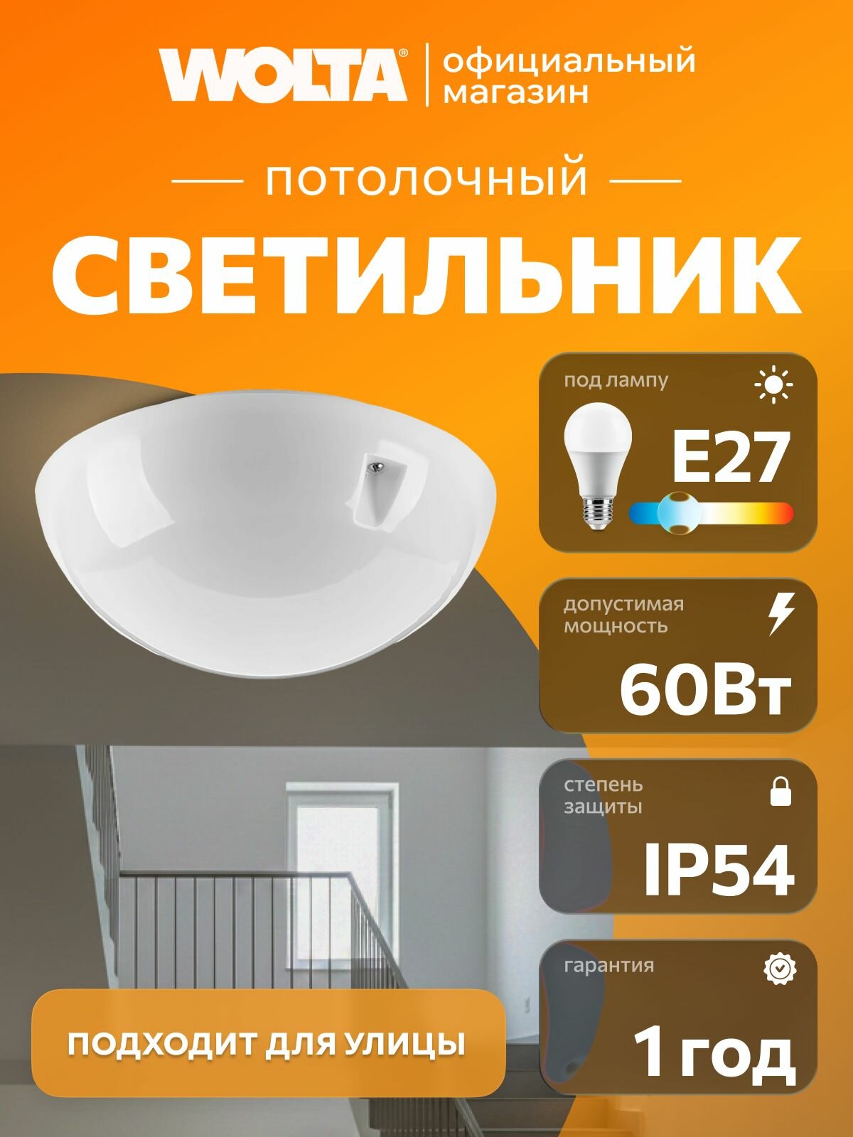 Светильник потолочный светильник настенный WOLTA ДПБ06-60-012 под лампу E27 матовый (лампа в комплект не входит) IP54