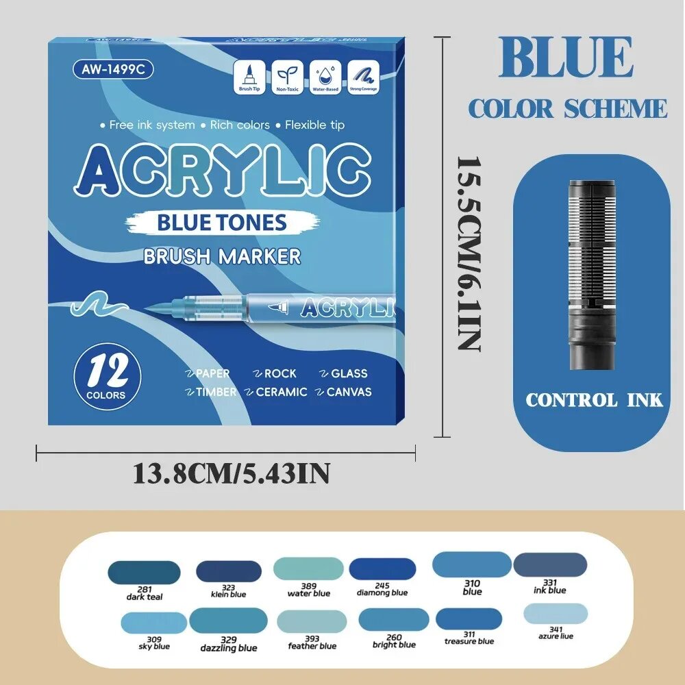 Акриловые маркеры Blue Tones 12 цветов, синий