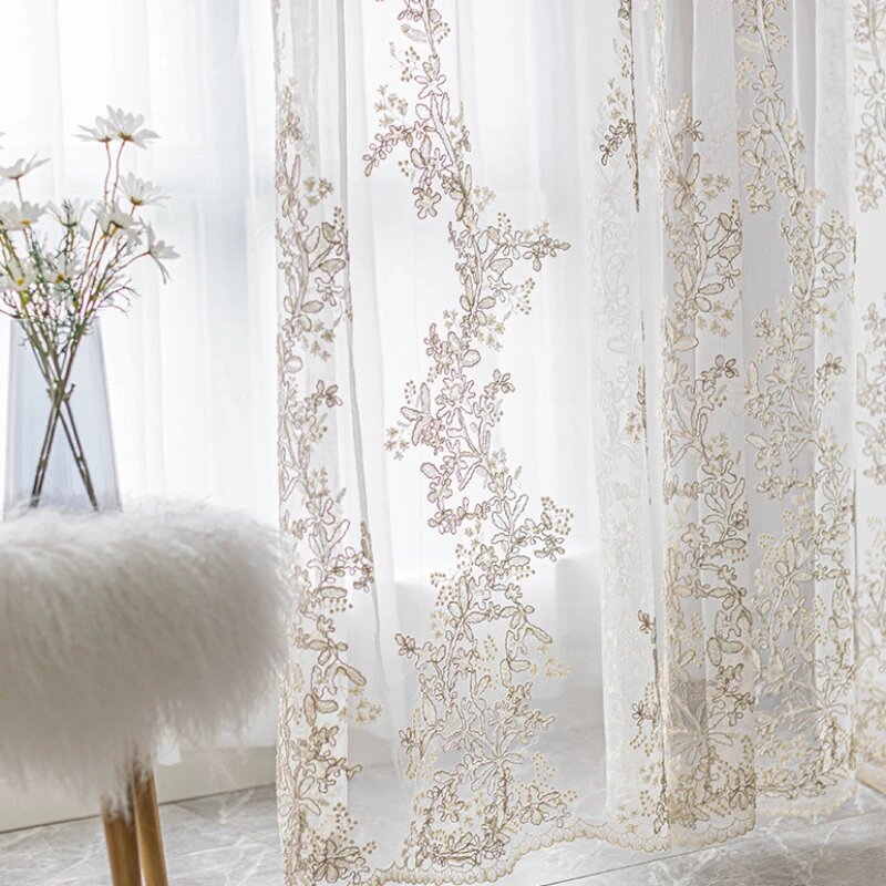 ZJBYZHOUSEHOLD Тюлевая занавеска с золотой вышивкой для гостиной W140cmXH245cm 1PC