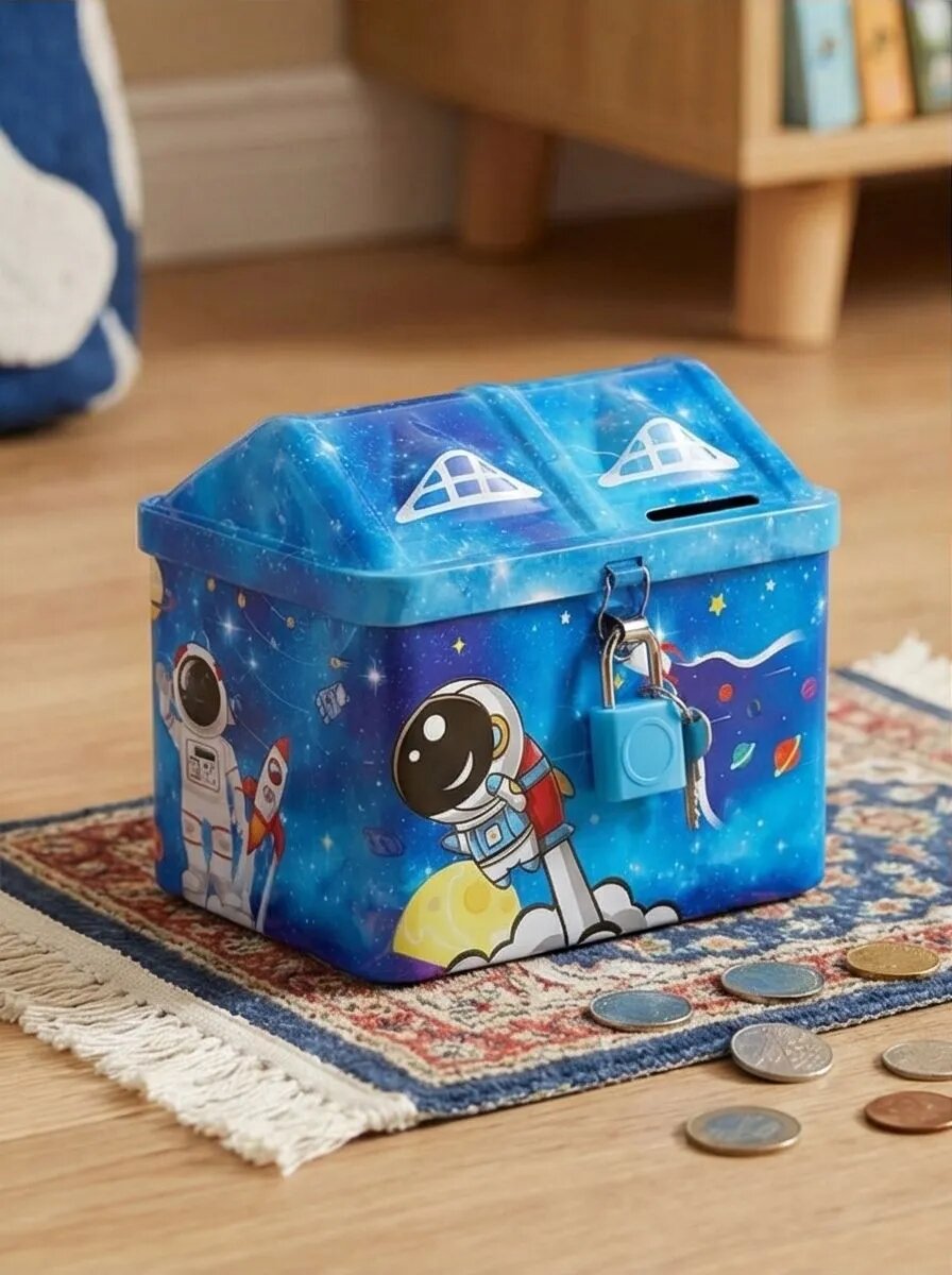 Копилка детская "Космос", металл, с замком, 11х12х8 см синяя