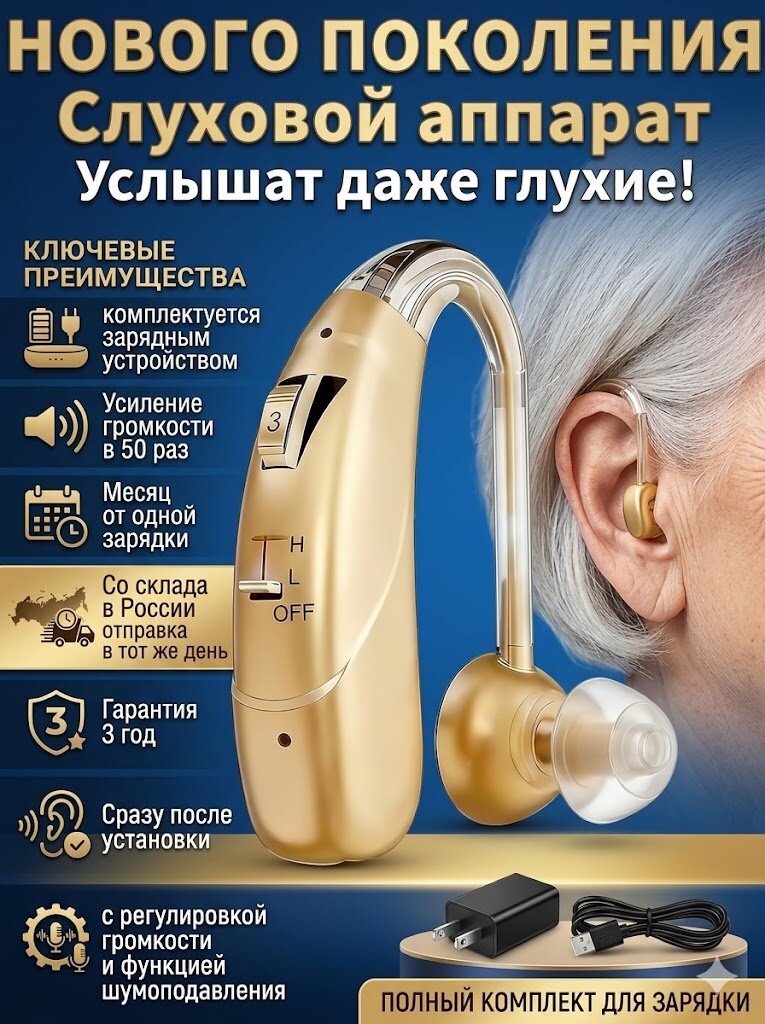 Накладной слуховой прибор с зарядным устройством для пожилых и взрослых