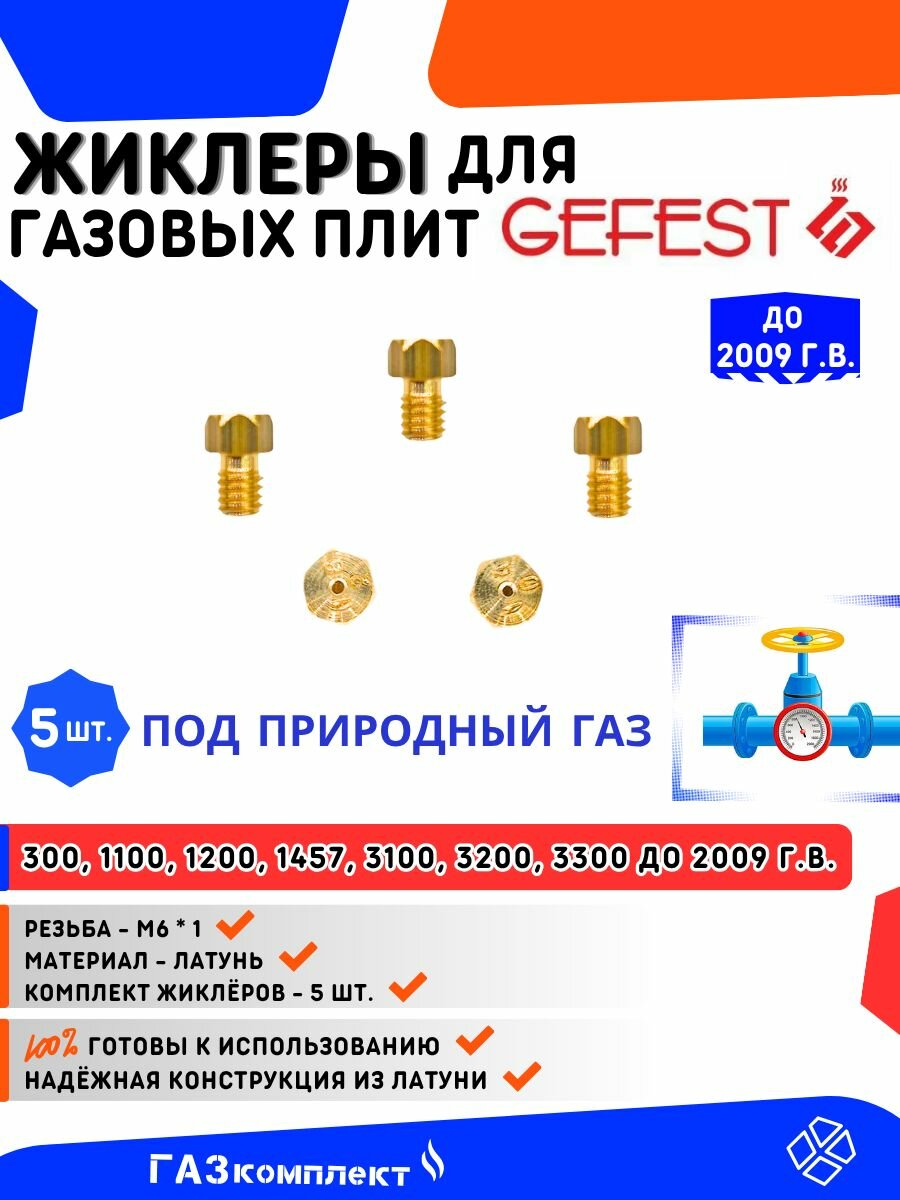 Жиклёры для газовых плит GEFEST/Брест до 2009 года выпуска под природный/магистральный газ резьба М6 * 1 - комплект 5 шт.