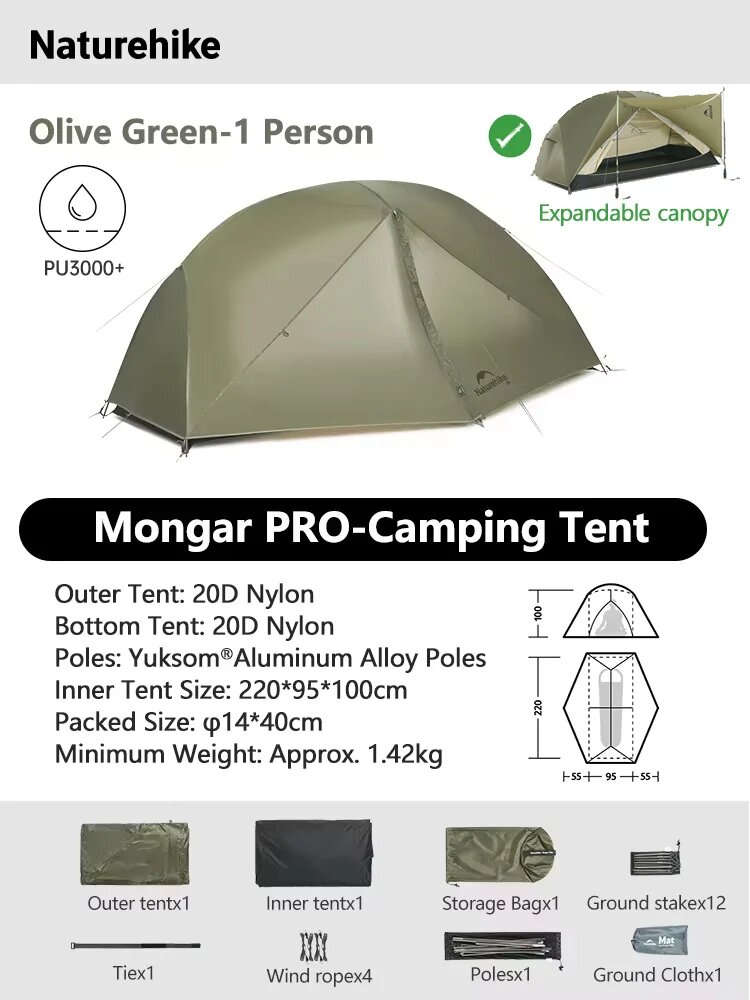 Тент Naturehike Mongar 2 UL/PRO/Base для кемпинга, вмещает 1-3 человека, для отдыха на открытом воздухе, 15D водонепроницаемый, ультralегкий, для походов с рюкзаком