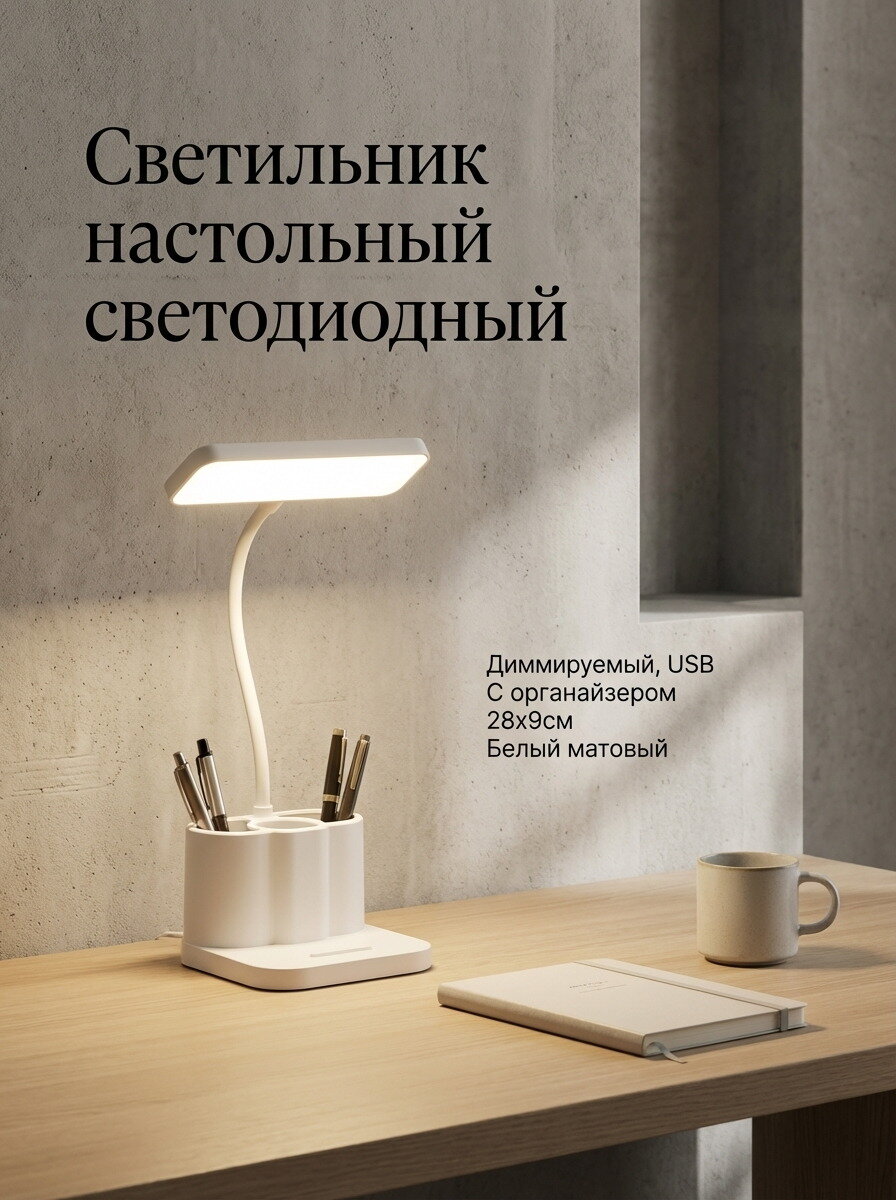 Светильник настольный светодиодный, диммируемый, USB, белый, 28х9см, с органайзером, 1шт