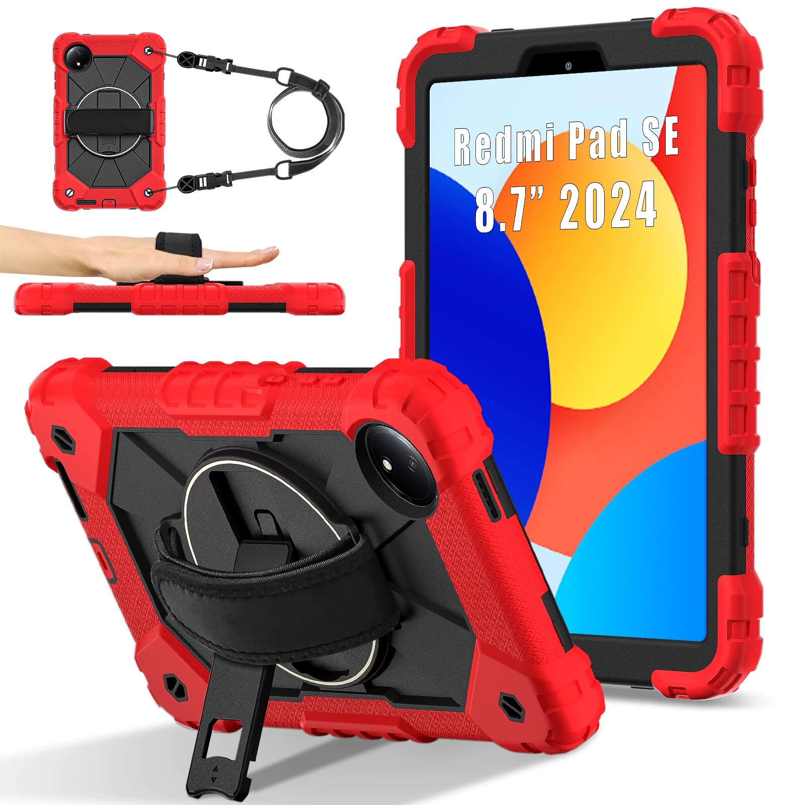 Чехол для планшета Redmi Pad SE 8.7 дюймов с вращающейся подставкой и ремешком, защитный чехол красно-черного цвета