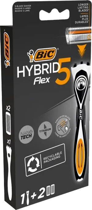 BIC Бритва FLEX 5 HYBRID (1 станок, 2 кассеты), 5 лезвий + лезвие-триммер, увл. полоска, плав. головка