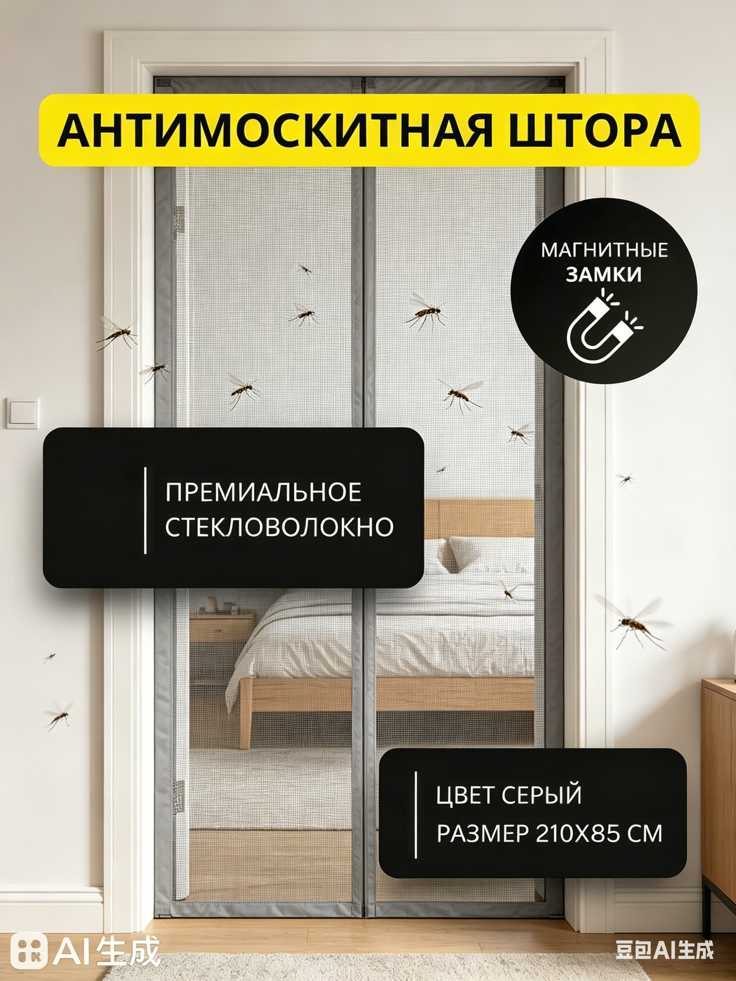 Антимоскитная штора на дверь, 210 на 85, серая & Защита от насекомых: штора обеспечивает надежную защиту от комаров