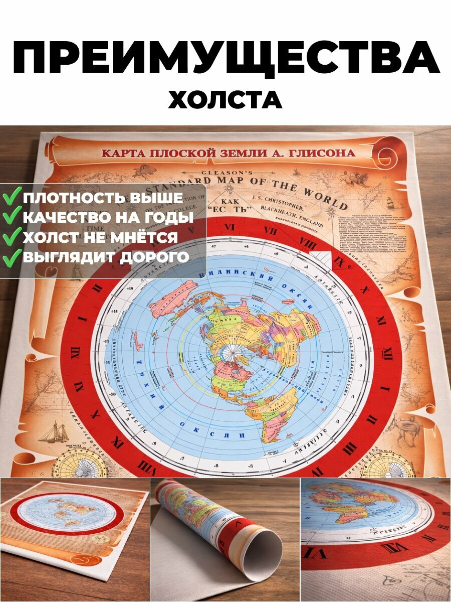 Карта на холсте "Плоская Земля" А. Глиссона 19-го века. Натуральный холст 42х30 см