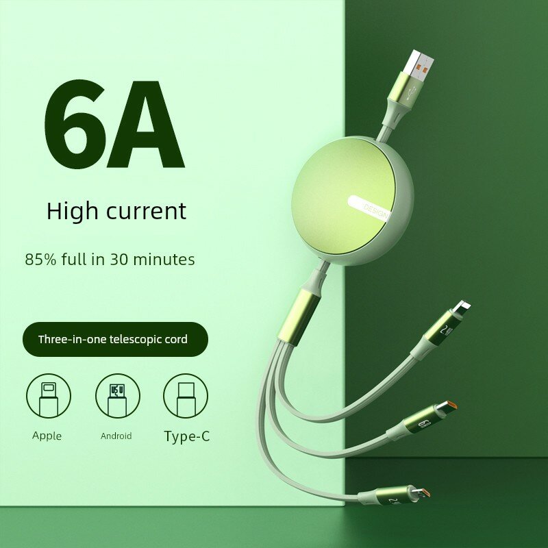 Матовый зеленый 1,2 м телескопический кабель USB-C с 3 в 1 быстрой зарядкой для iPhone, Samsung, Huawei, Xiaomi