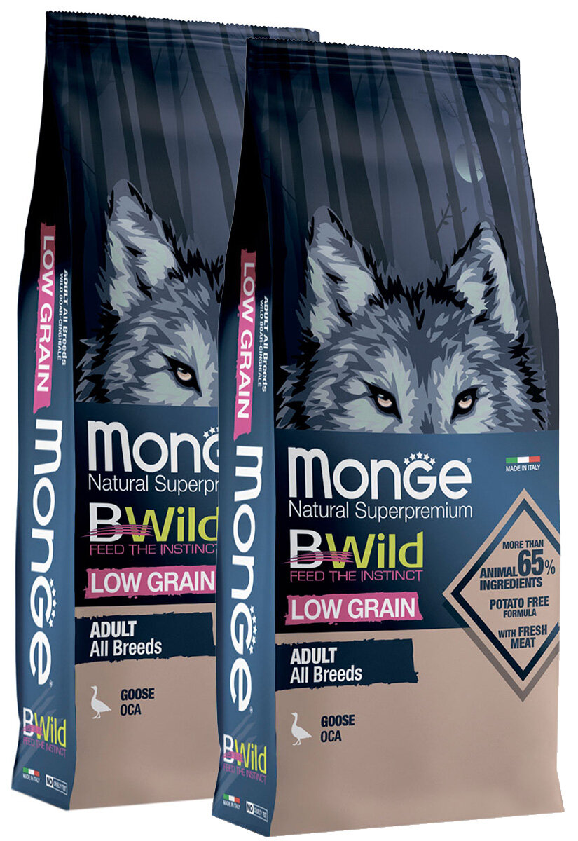 Корм сухой Monge Bwild Low Grain Dog Adult All Breeds Goose низкозерновой для взрослых собак всех пород, гусь, 12 кг 2 шт