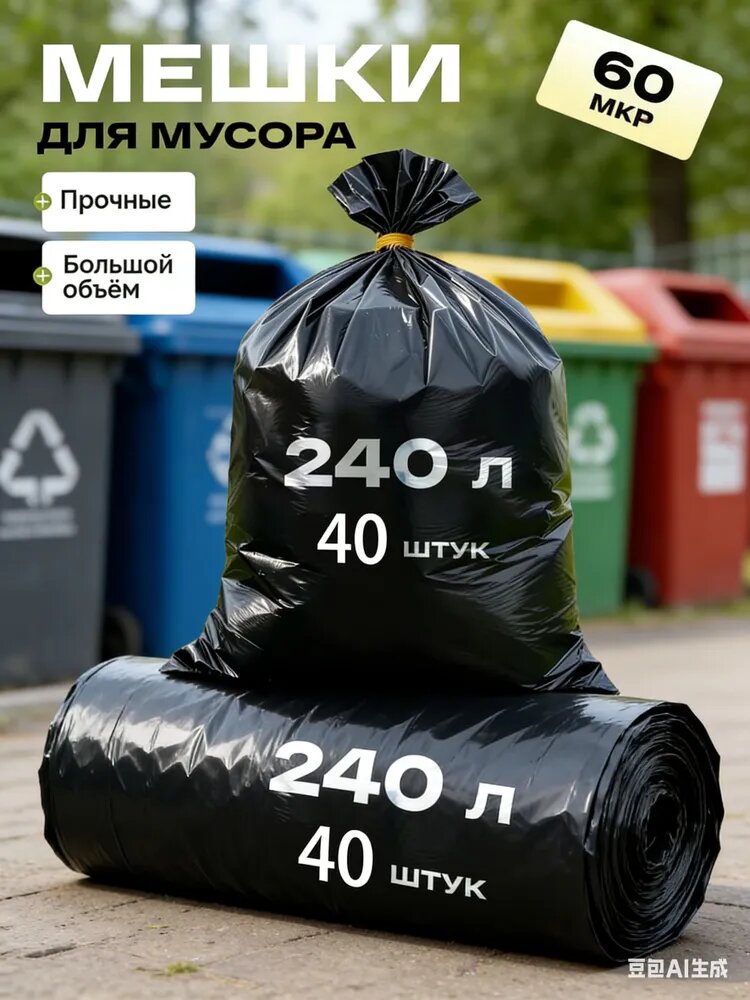 Мешки для мусора 240 л, 60мкм, 40 шт