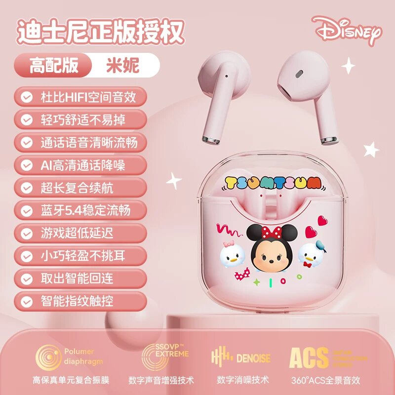 Беспроводные наушники Bluetooth Disney с дизайном Минни-Мауса низкая задержка длительная автономность комфортное ношение