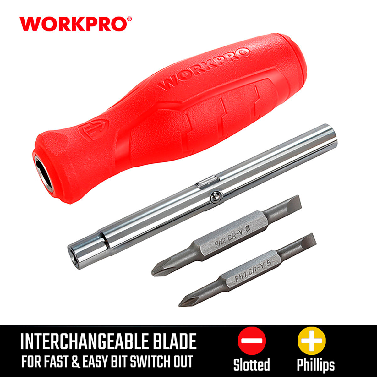 Отвертка для бит 6 в 1 "Workpro" WP221066 и две двухсторонние биты — фото 1