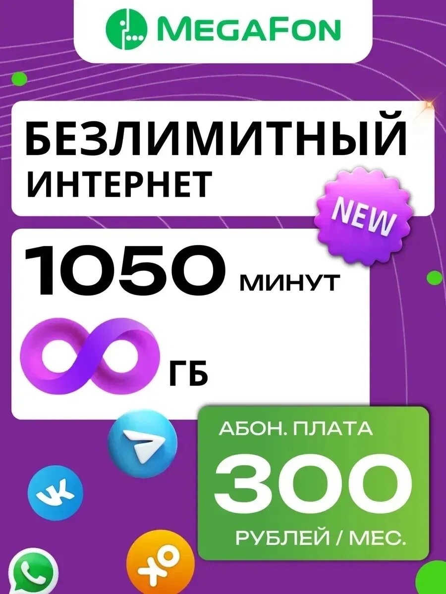 Сим карта Мегафон. Безлимитный интернет, 1000 минут, 100 смс.