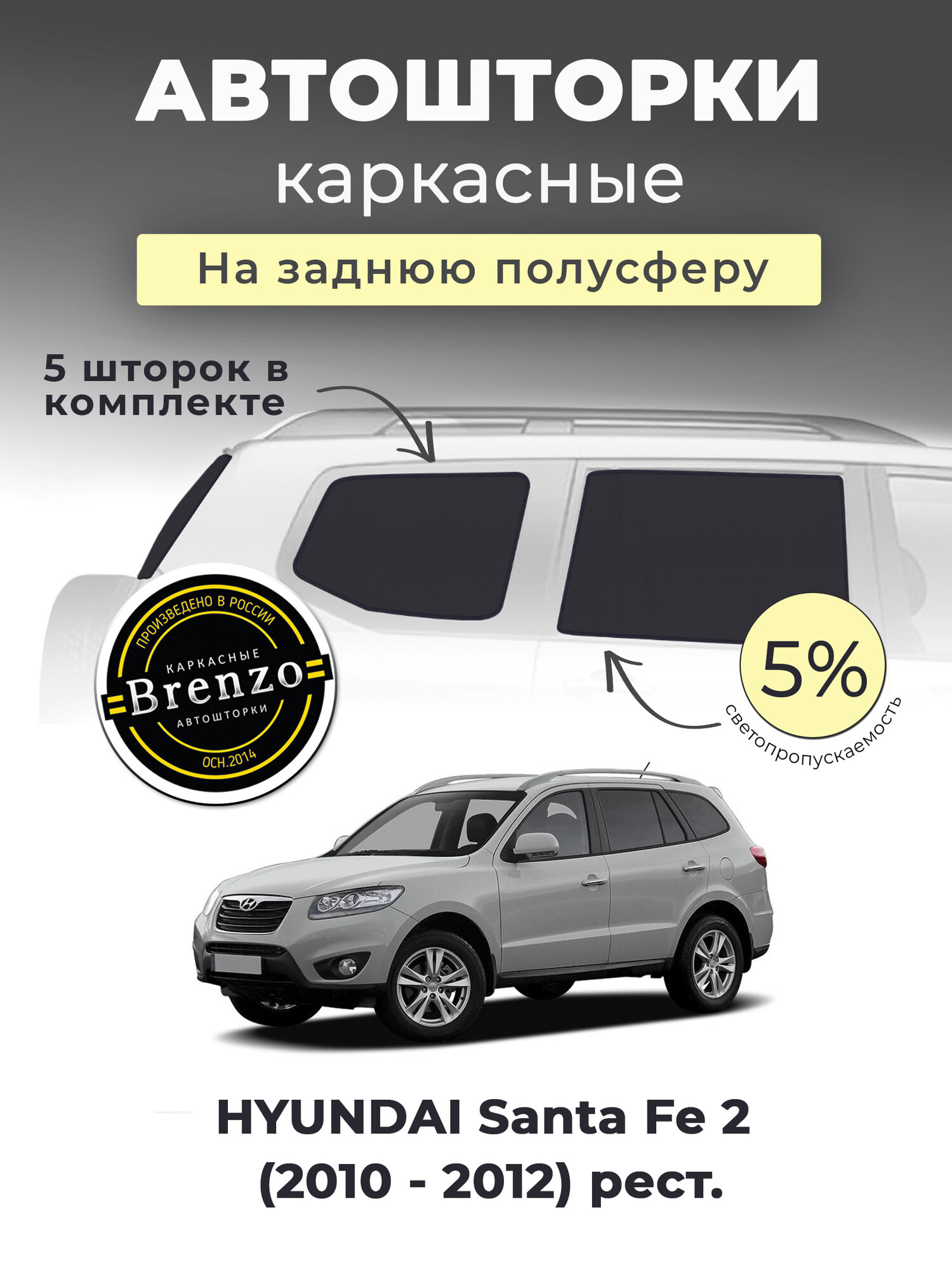 Каркасные шторки HYUNDAI Santa Fe 2 (2010 - 2012) рест. на заднюю полусферу 5%, сетки от солнца в машину
