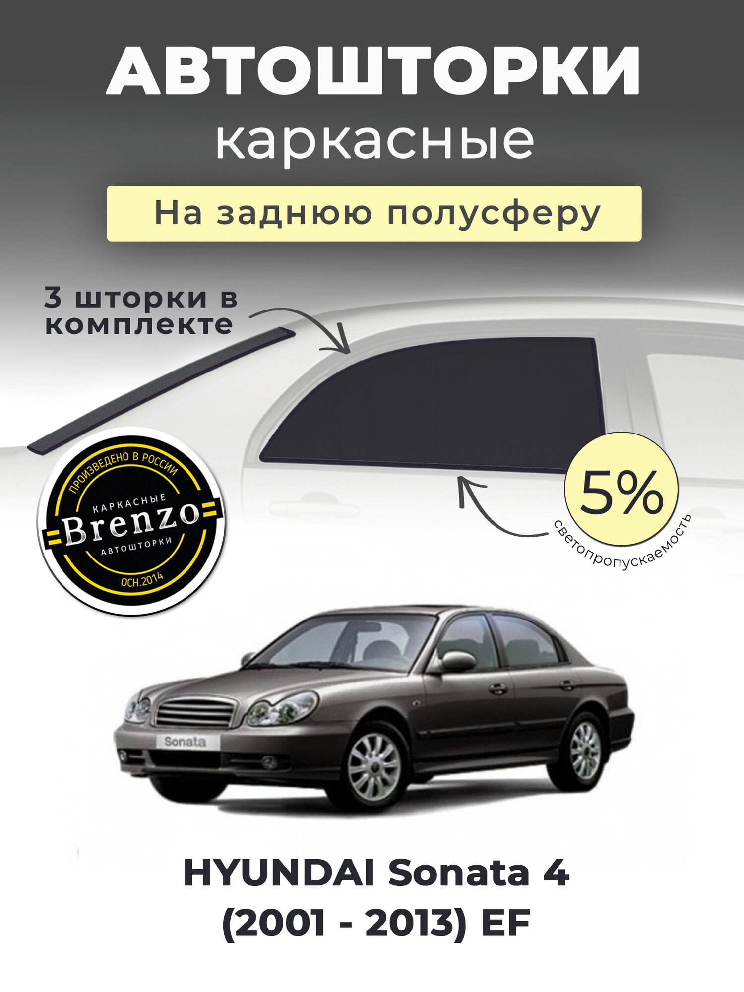 Каркасные шторки HYUNDAI Sonata 4 (2001 - 2013) EF на заднюю полусферу 5%, сетки от солнца в машину