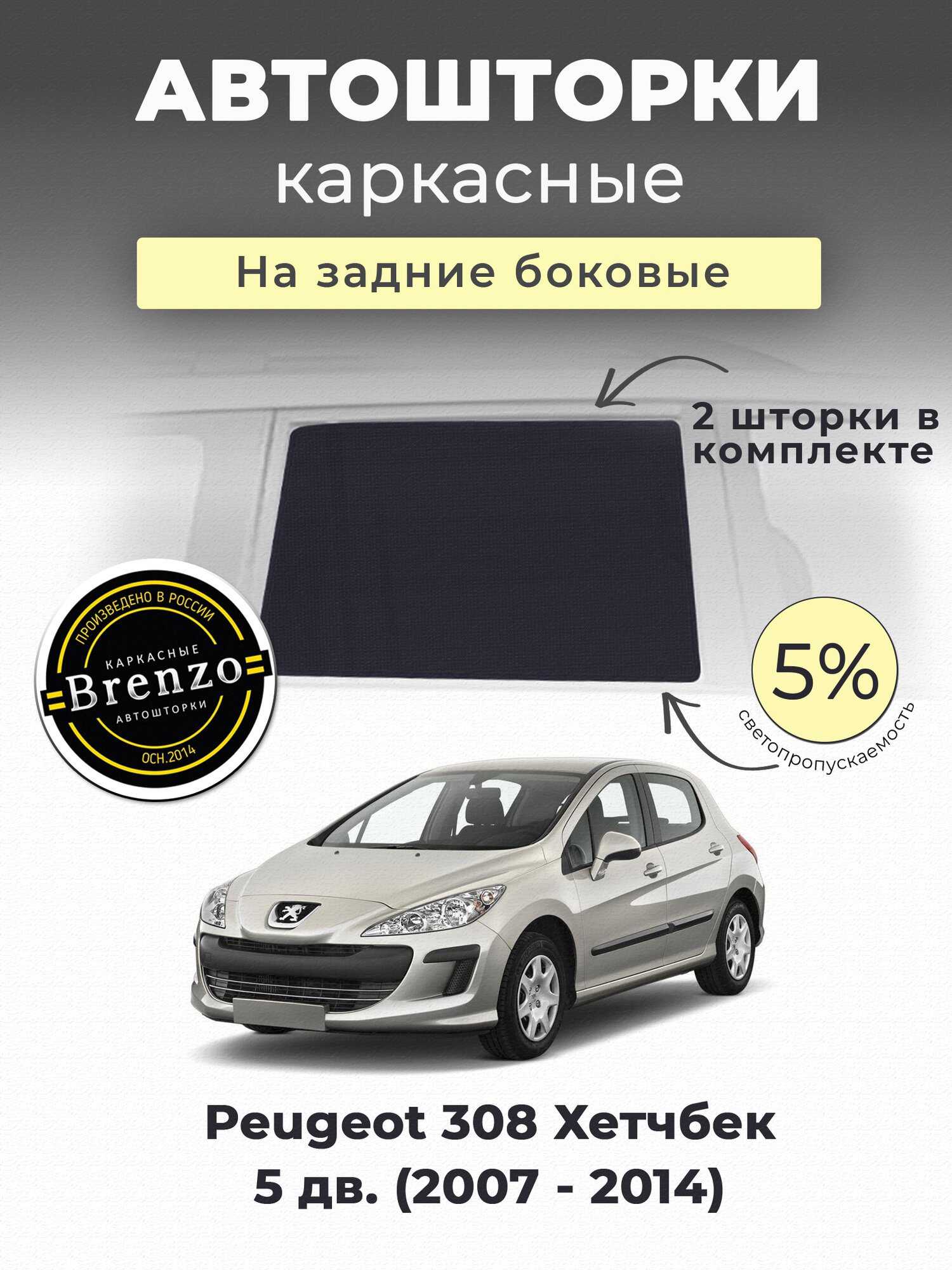 Каркасные шторки Peugeot 308 Хетчбек 5дв. (2007 - 2014) на задние двери 5%, сетки от солнца в машину