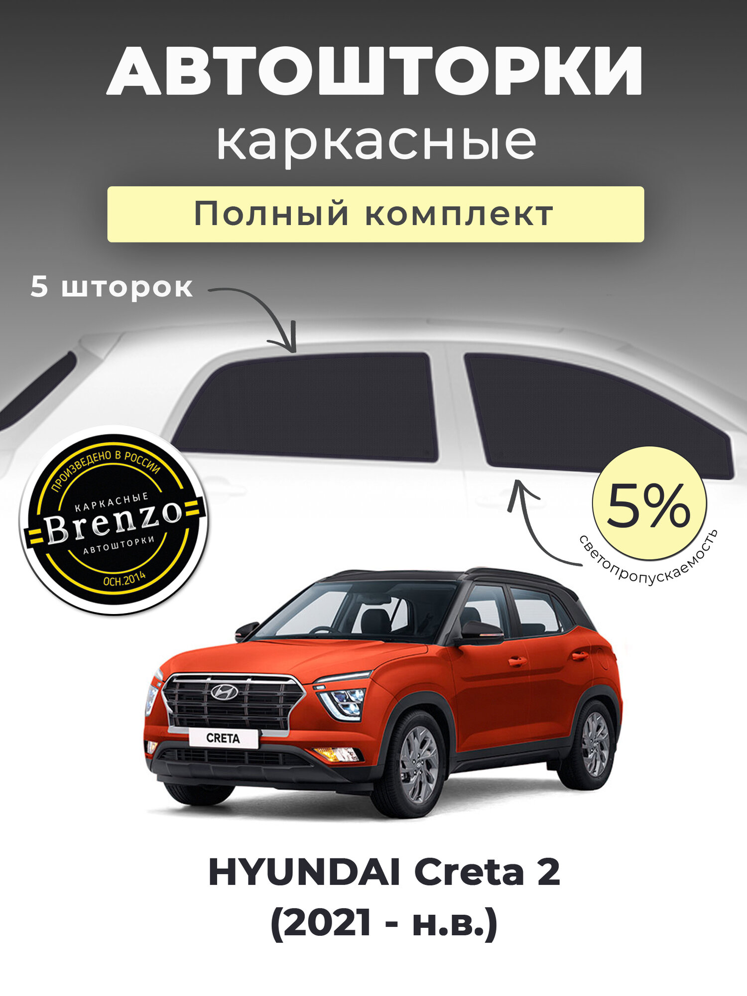 Каркасные шторки HYUNDAI Creta 2 (2021 - н. в.) полный комплект 5%, сетки от солнца в машину