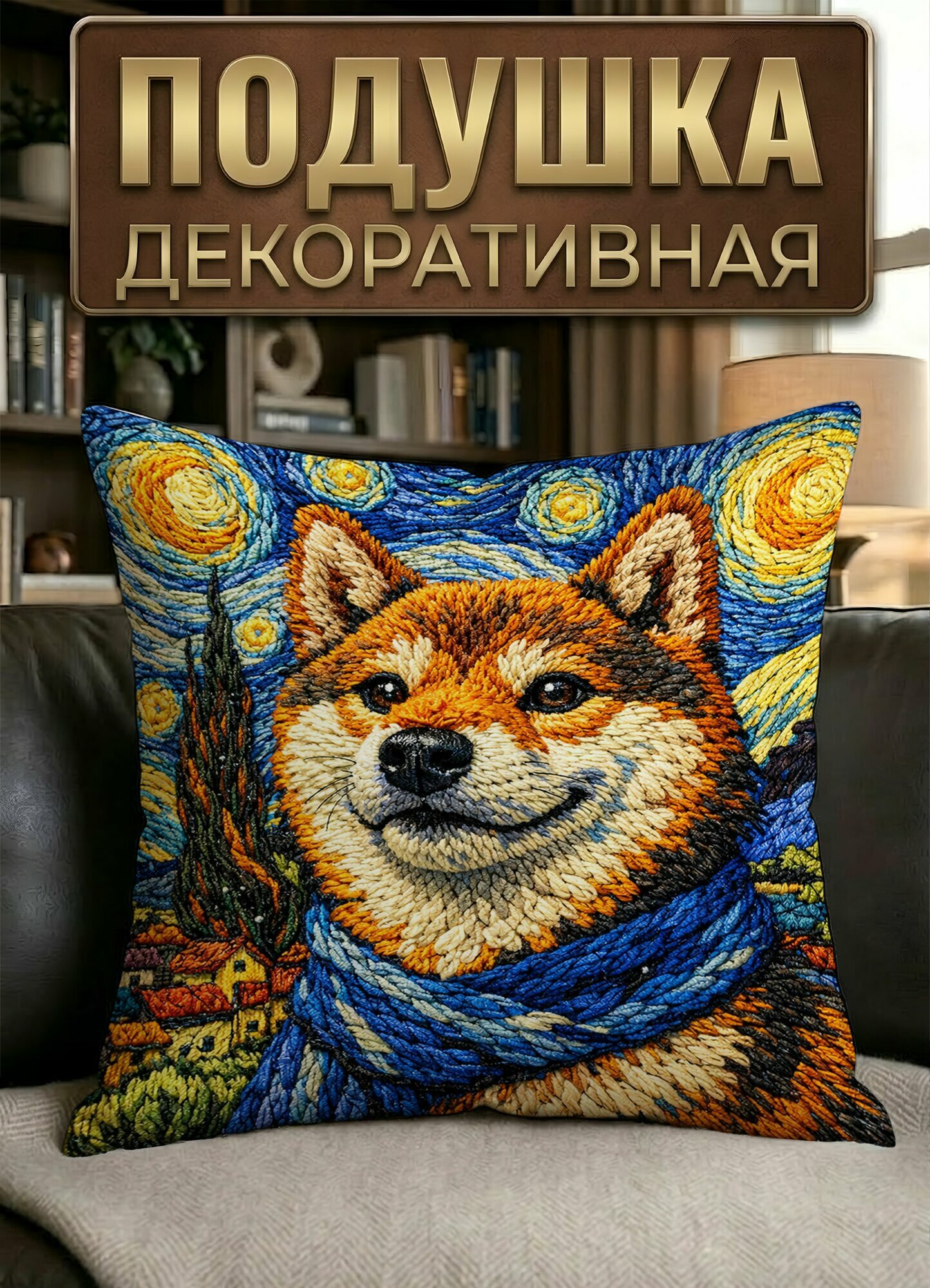 Подушка декоративная Собаки Ван Гог Звездная ночь Сиба-ину