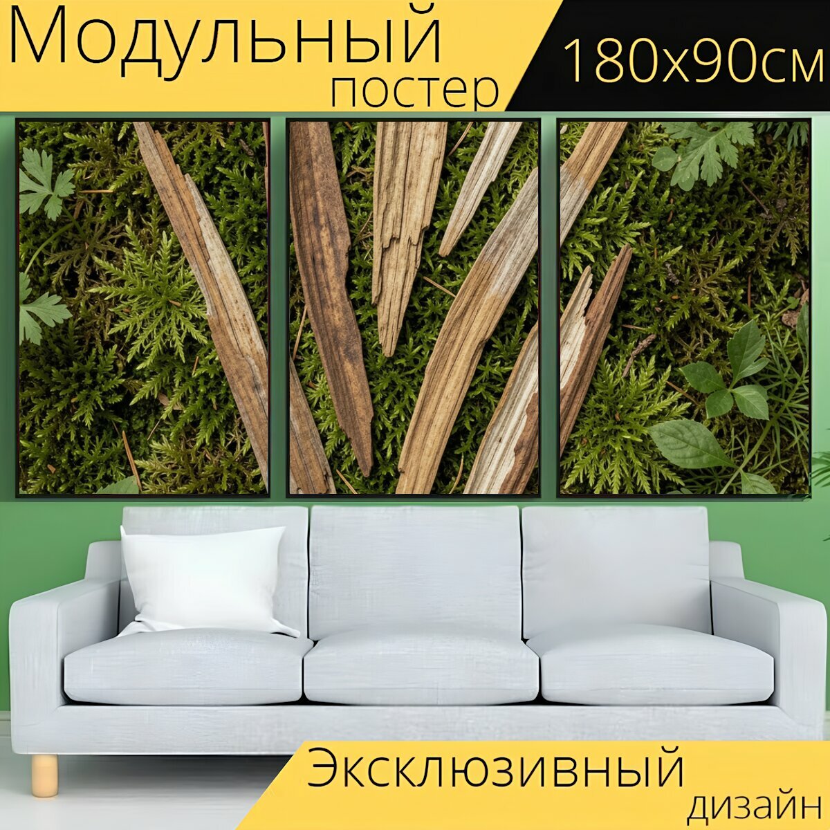 Модульный постер "Лесные веточки на мху. Сухие деревянные щепки, разложенные на мягком зеленом ковре из мха и лесных листьев." 180 x 90 см. для интерьера на стену в тубусе