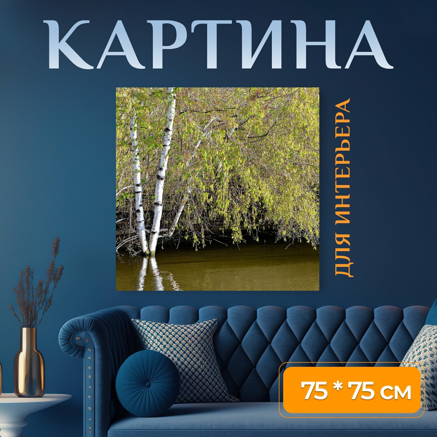 Картина на холсте "Берёза, растущая у реки, её длинные ветви склоняются к воде, отражаясь в её спокойных водах" на подрамнике 75х75 см. для интерьера
