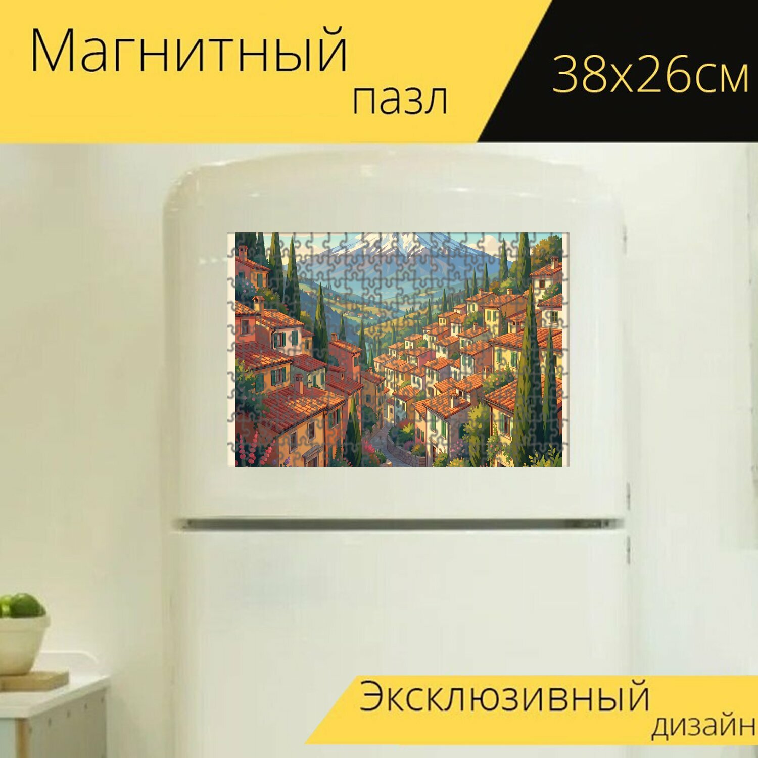 Магнитный пазл "Итальянская деревня у горы. Живописный средиземноморский пейзаж с уютными домами, кипарисами и узкой мощёной улочкой. На фоне величественный." для интерьера, 38х26 см.