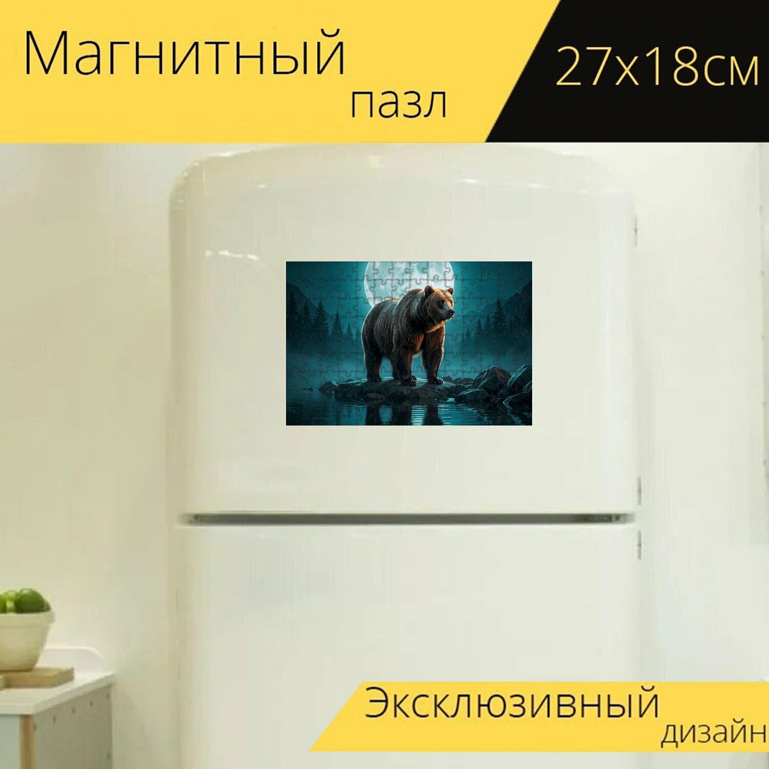 Магнитный пазл "Медведь у лунного озера. Реалистичный дикий хищник на каменистом берегу, ночной лес и огромный светящийся месяц на фоне. Холодные." на холодильник 27 x 18 см.