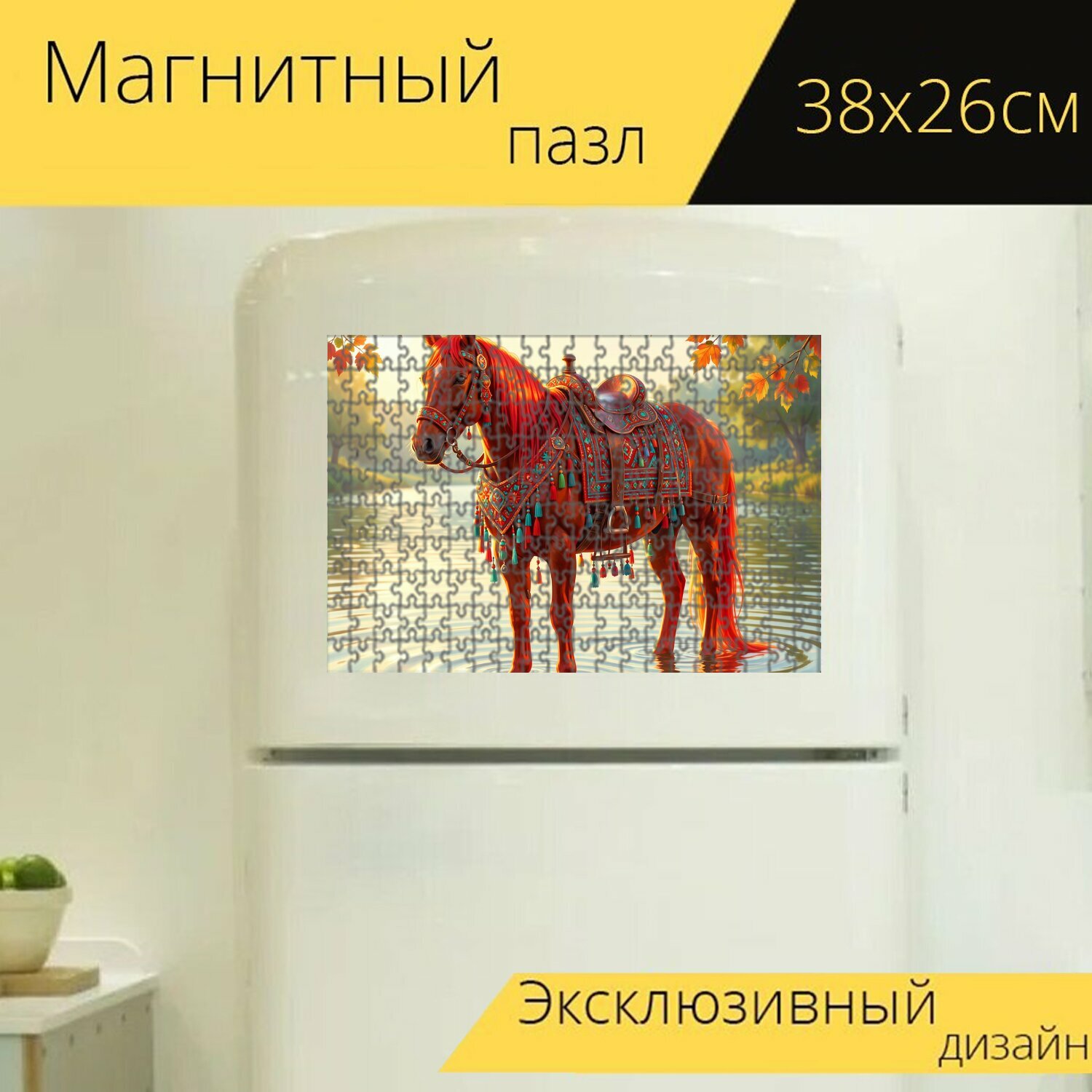 Магнитный пазл "Декоративный конь у воды. Яркий рыжий скакун в богато украшенной упряжи стоит в спокойной воде у берега, вокруг осенние листья и мягкий." для интерьера, 38х26 см.