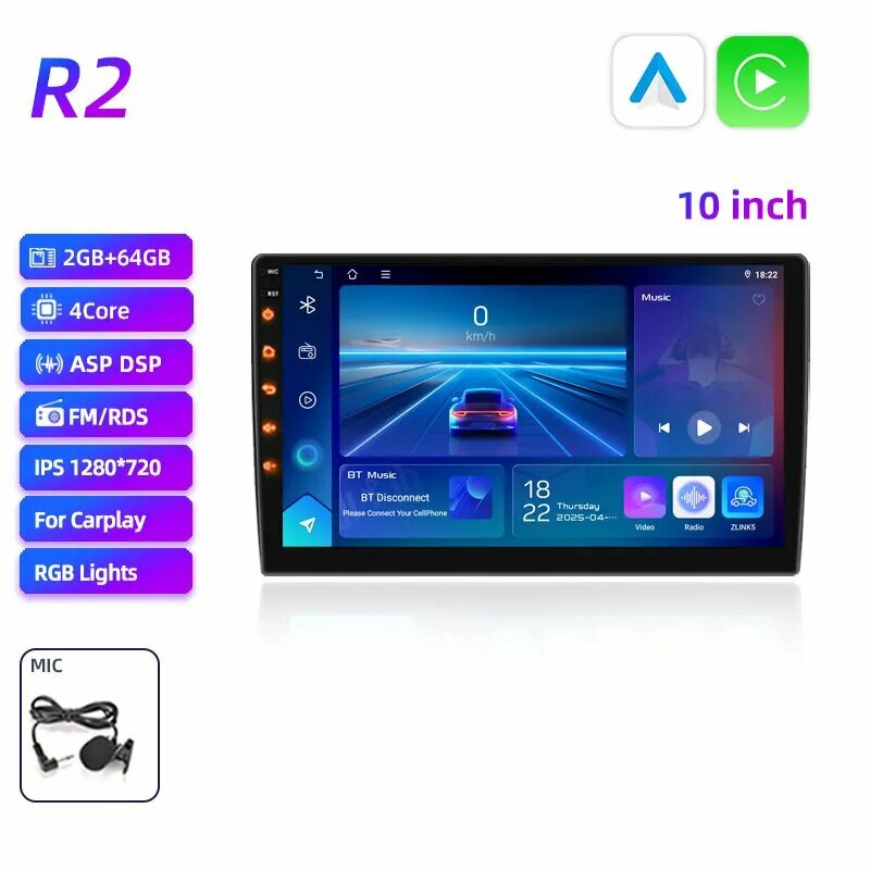 10-дюймовая автомагнитола R2 Android 2G+64G, CarPlay, RGB
