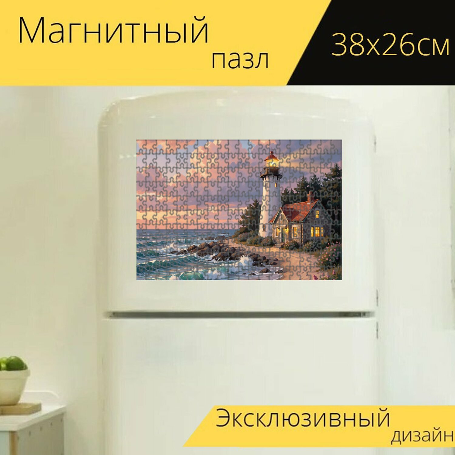 Магнитный пазл "Маяк у морского берега на закате. Живописная прибрежная сцена в мягких пастельных тонах: светящийся навигационный башенный силуэт, уютный." для интерьера, 38х26 см.