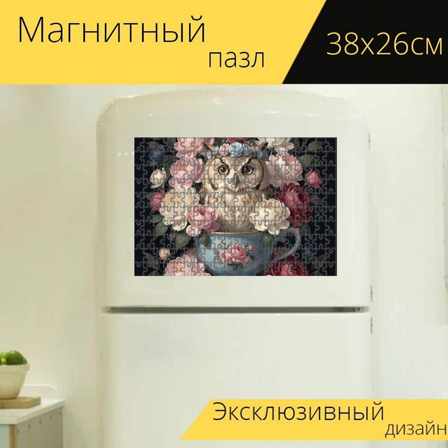 Магнитный пазл "Сова среди цветов в чашке. Милый ночной образ мудрой птицы в окружении пышных пионов и роз, пастельные оттенки розового, кремового и." для интерьера, 38х26 см.
