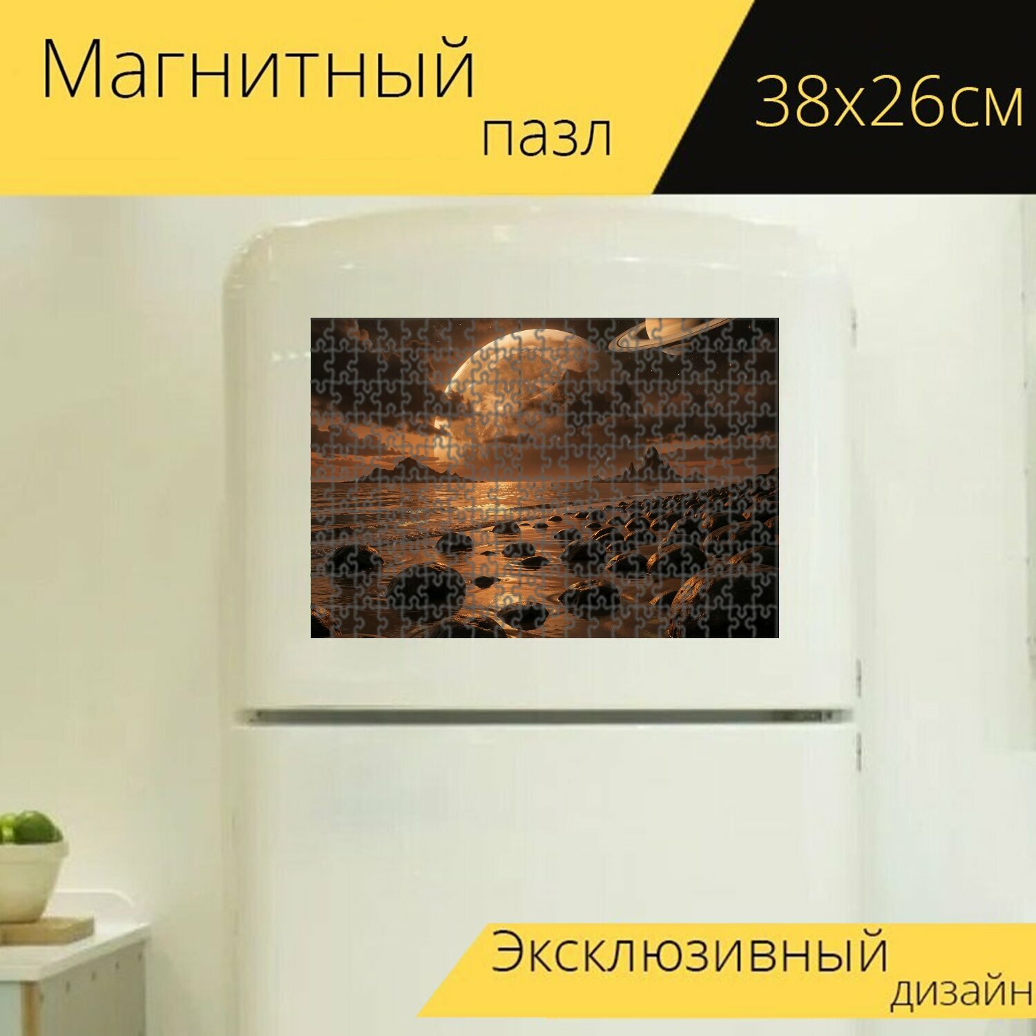 Магнитный пазл "Космический пляж с планетами. Фантастический берег под звездным небом с огромной планетой, кольцами Сатурна и полумесяцем. Теплые." для интерьера, 38х26 см.