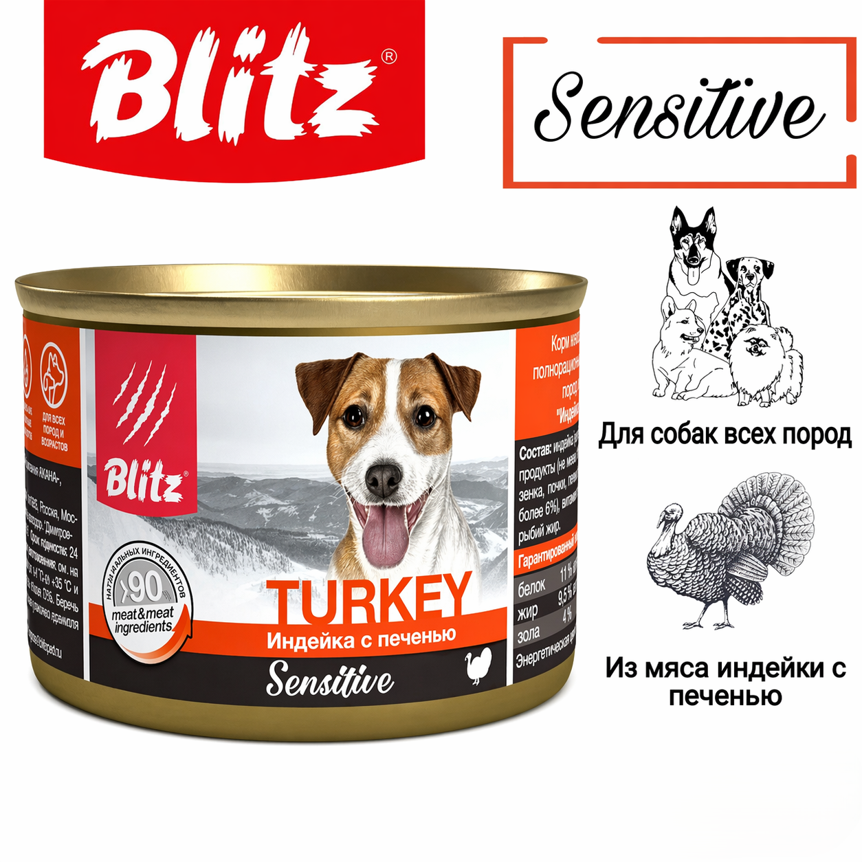 Влажный корм Blitz Sensitive, для собак всех пород, индейка с печенью, паштет, 200 гр/ 12 шт