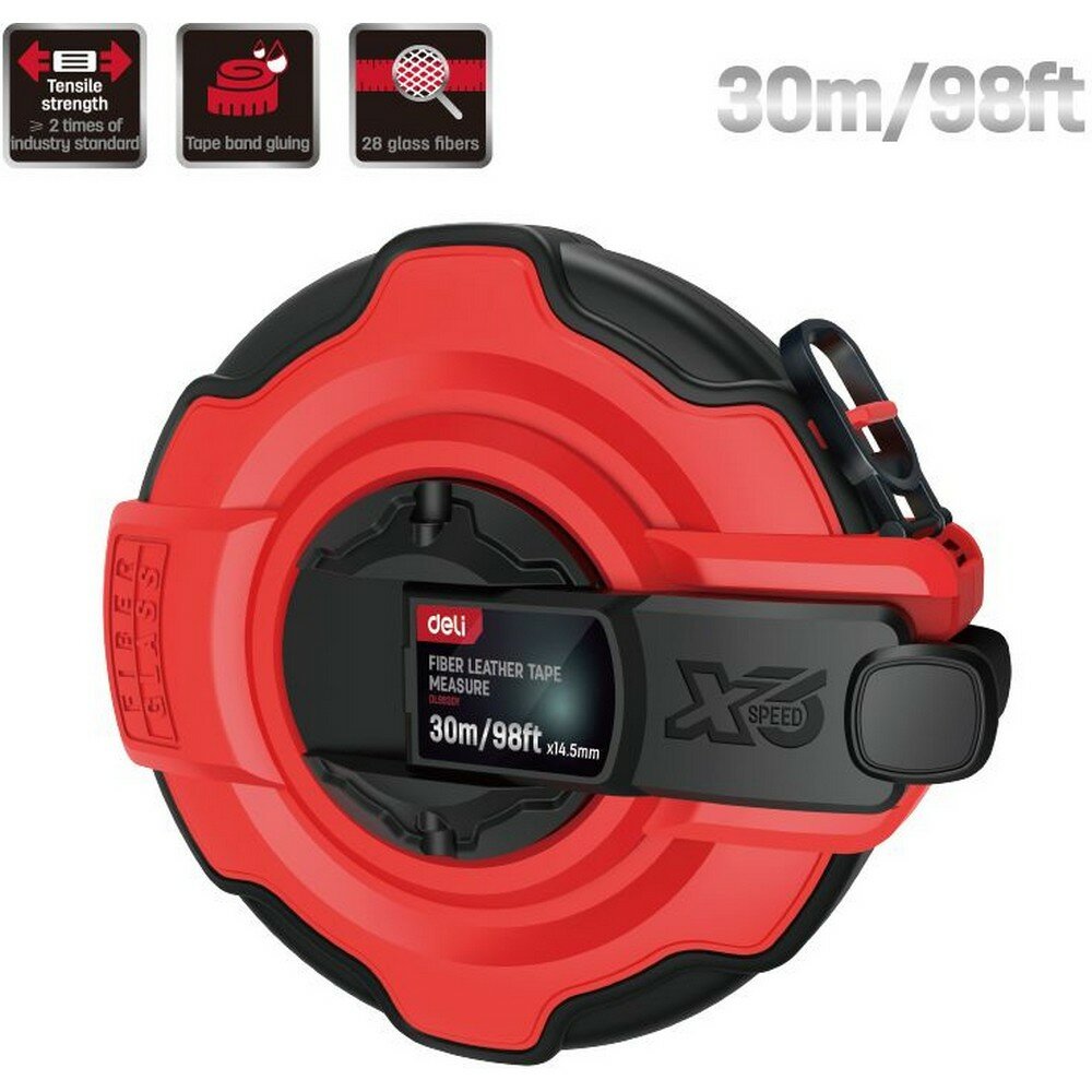 Измерительный и разметочный инструмент Deli Мерная лента Deli DL9930Y 30м x 14,5мм, ударопрочный корпус с резиновыми вставками, полотно из стекловолокна и ПВХ, увеличенная скорость сматывания ленты уц-3-1