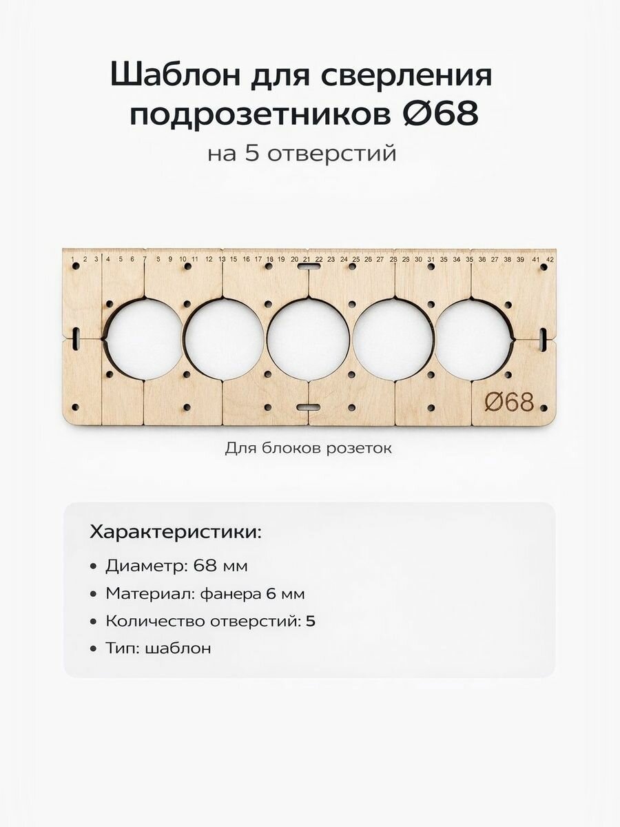 Шаблон для подрозетников 68 мм на 5 отверстий, кондуктор, толщина 6мм