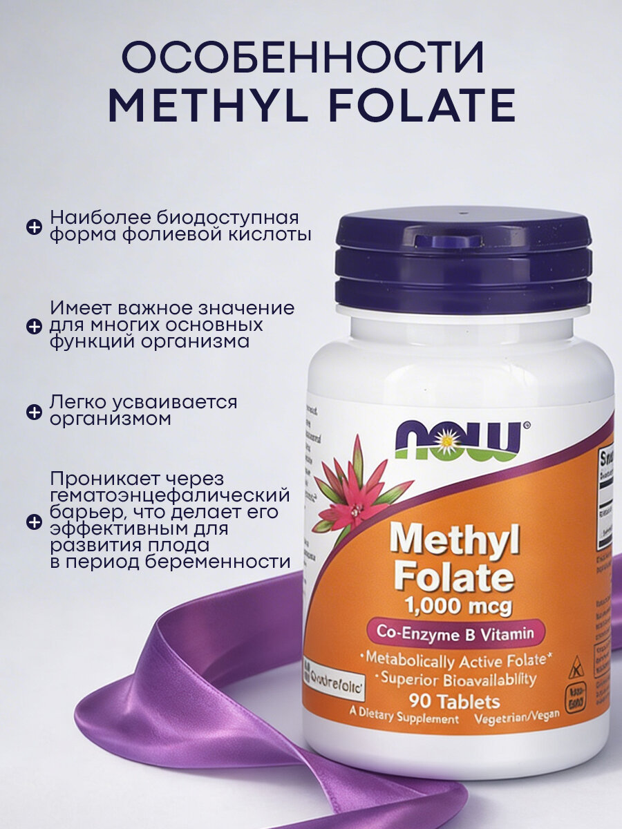 Фолат NOW Methyl Folate, для нервной системы, 1000 мг биодоступная форма — фото 1
