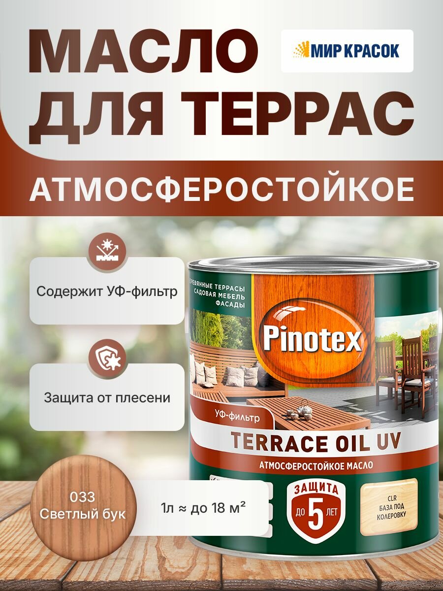 PINOTEX TERRACE OIL UV колерованное масло для террас, фасадов и садовой мебели, цвет: Светлый бук 033 (2,5л)