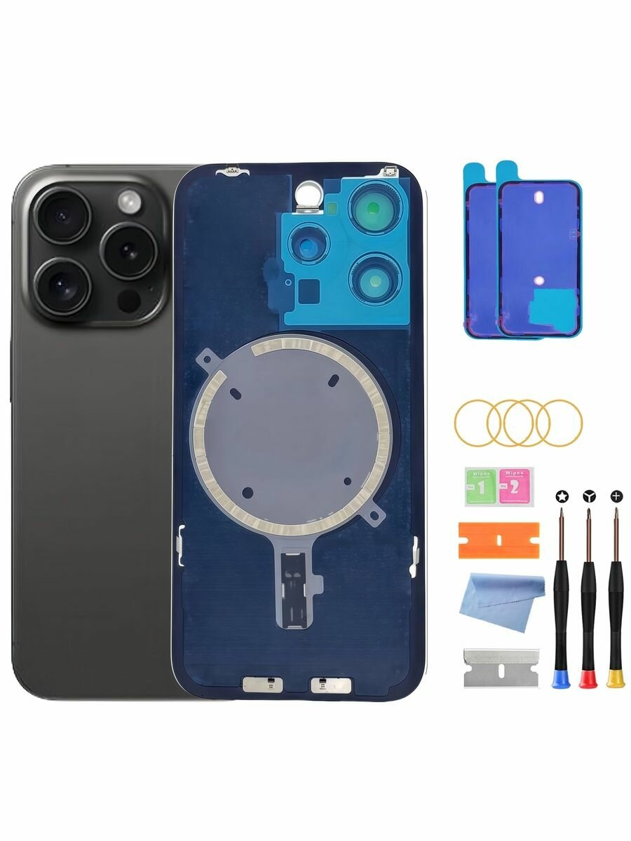 Заднее стекло для iPhone 15 Pro Max 6.1 с MagSafe, замена задней крышки, комплект инструментов для ремонта, чёрный