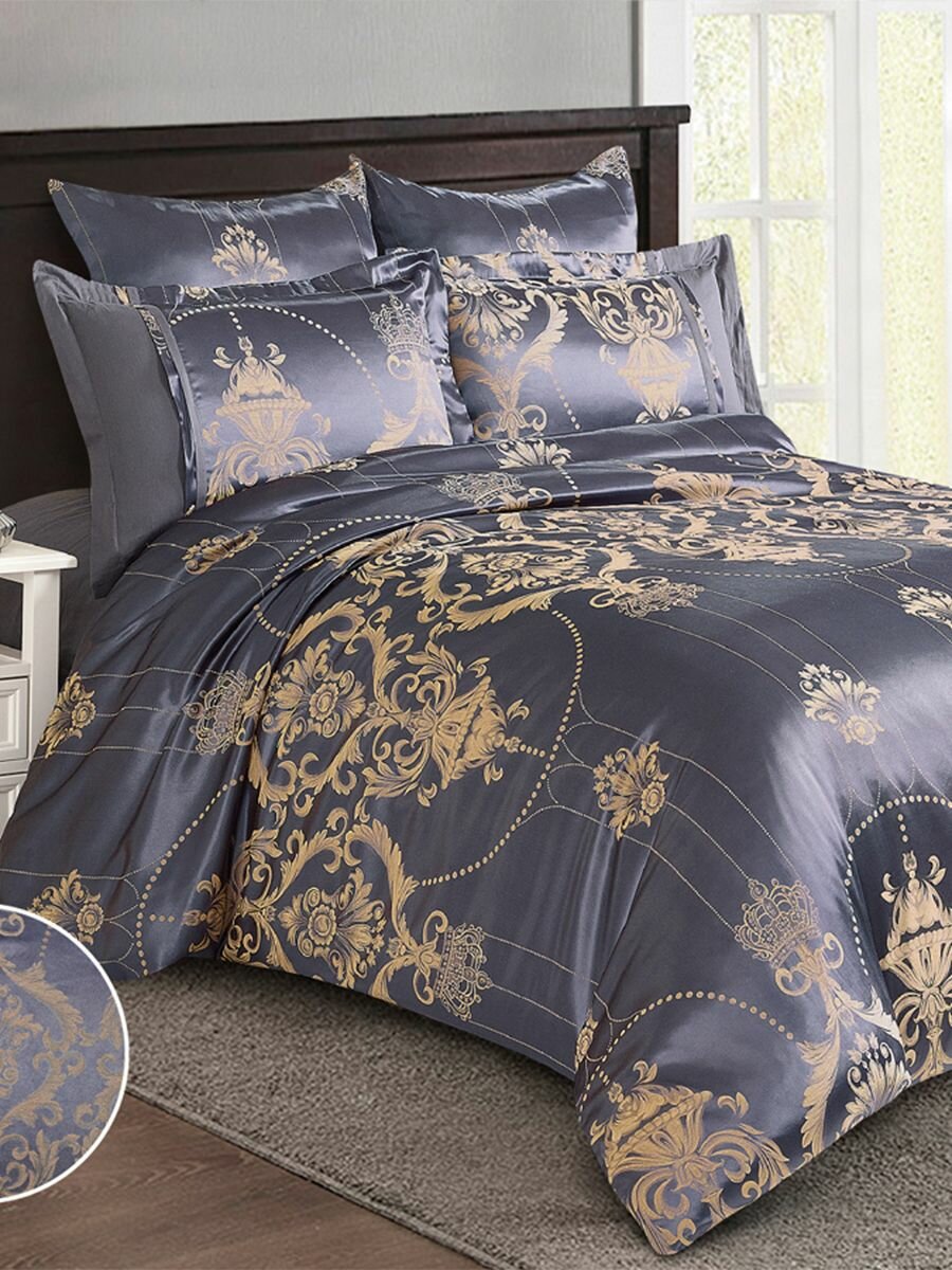 Постельное белье двуспальное синее однотонное с узором Cleo Satin Jacquard комплект пододеяльник на молнии сатин жаккард