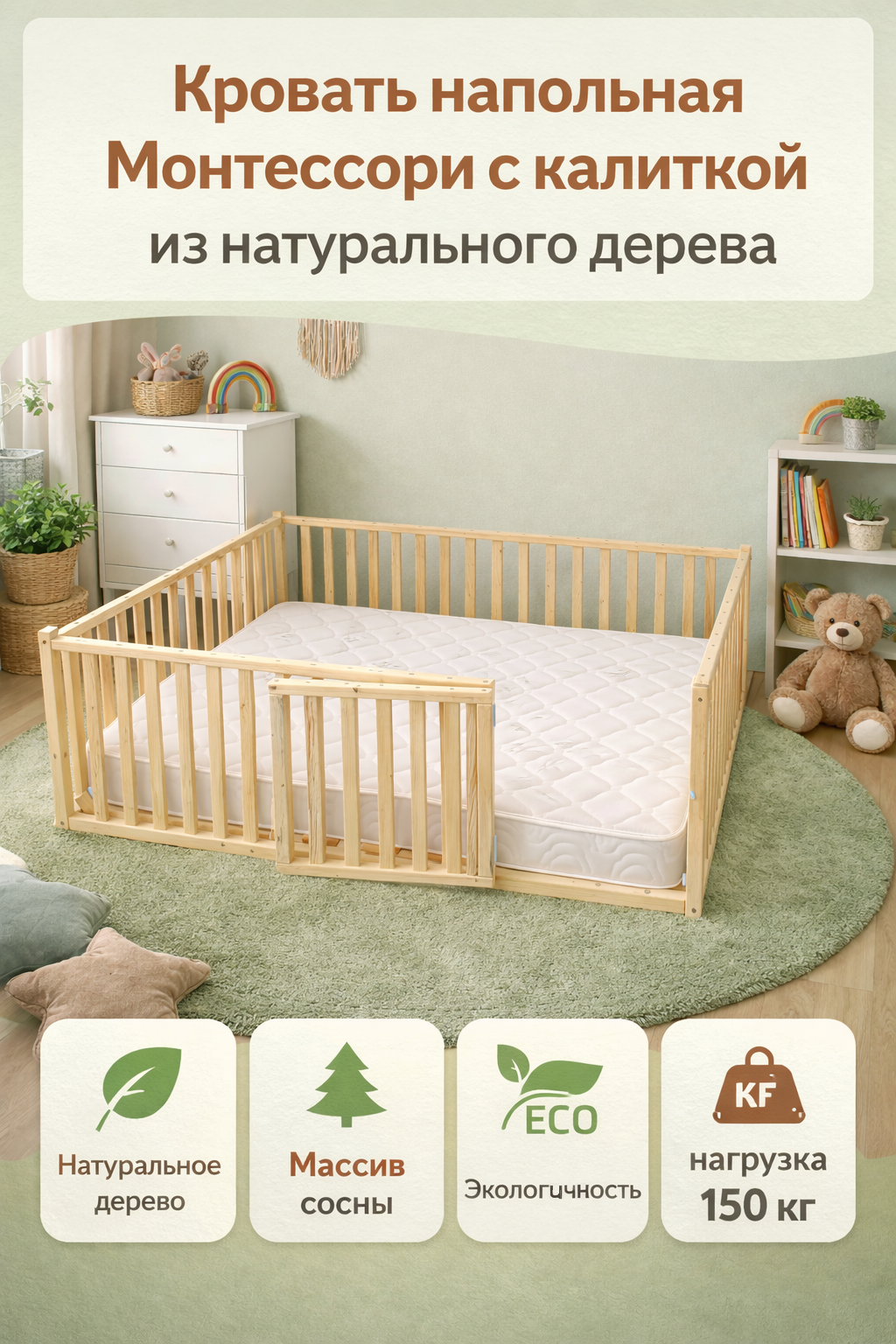 Кровать детская из массива напольная с вертикальными бортами Монтессори 70х120 с калиткой