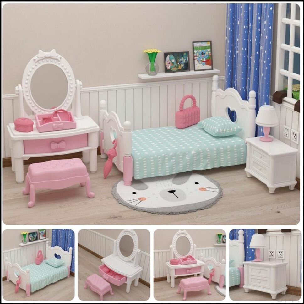 Мини-спальня для кукольного домика Коала Дневник, пластиковая мебель бежевого цвета