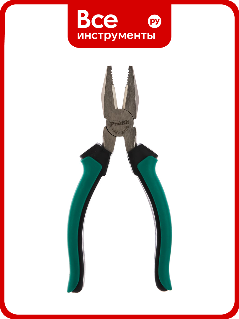 Плоскогубцы Pro'sKit 1PK-052DS 00057409, прямые губки, двухкомпонентные черно‑зеленые рукоятки