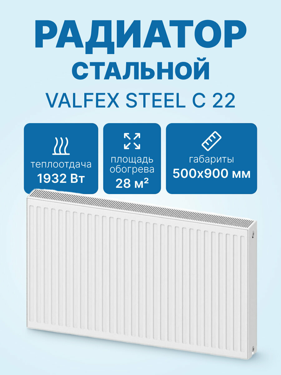 Радиатор VALFEX STEEL C 22 500х 900 стальной панельный с боковым подключением VF. C.22.500.0900