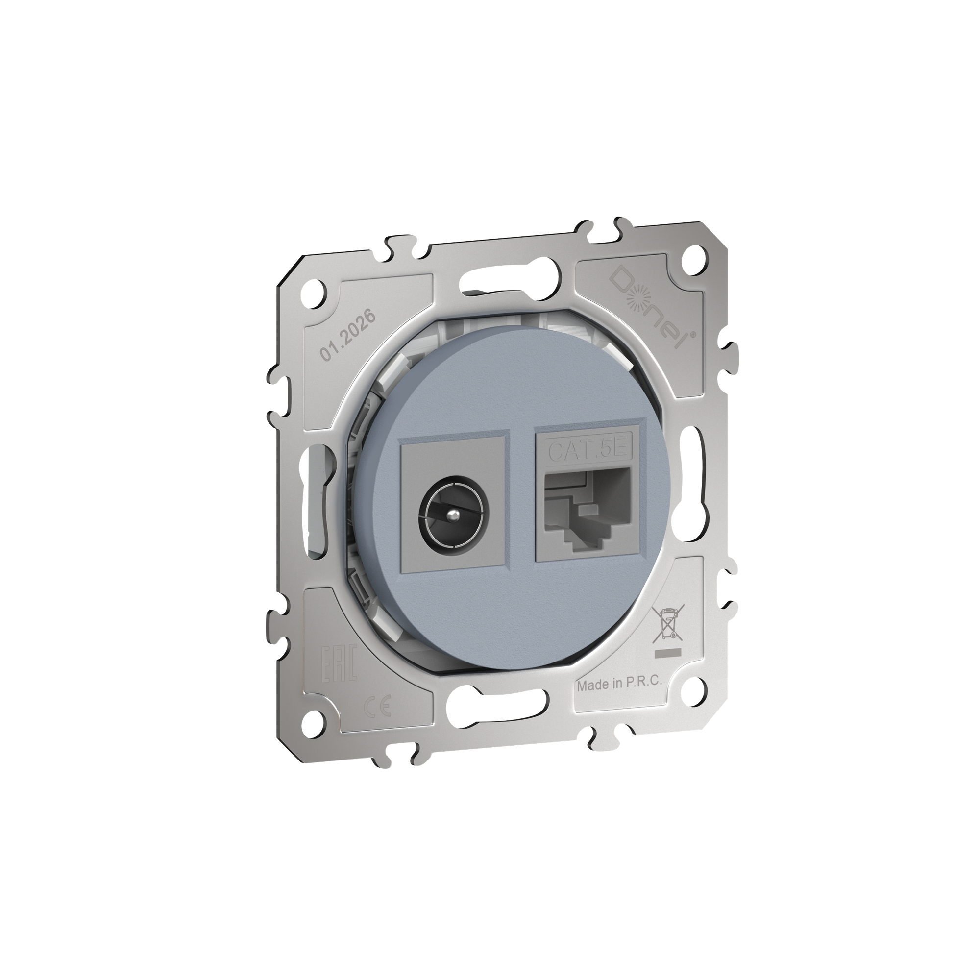 Розетка комбинированная RJ45 cat.5e + TV/SAT простая с разъёмом папа, цвет матовый серый, серия D16, Donel