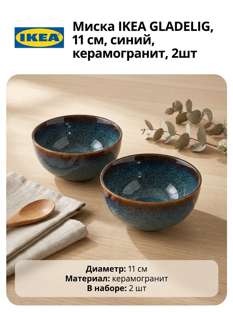 Миска IKEA GLADELIG, 11 см, синий, керамогранит, 2шт