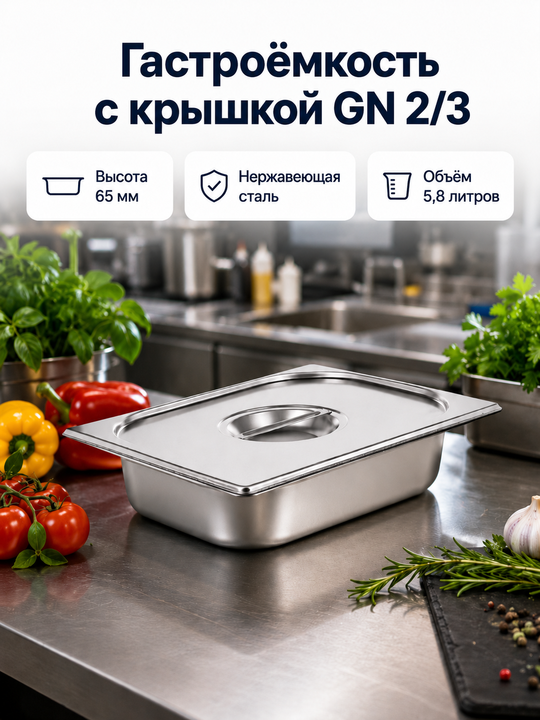 Гастроемкость GN 2/3-65 мм с крышкой, нержавеющая сталь