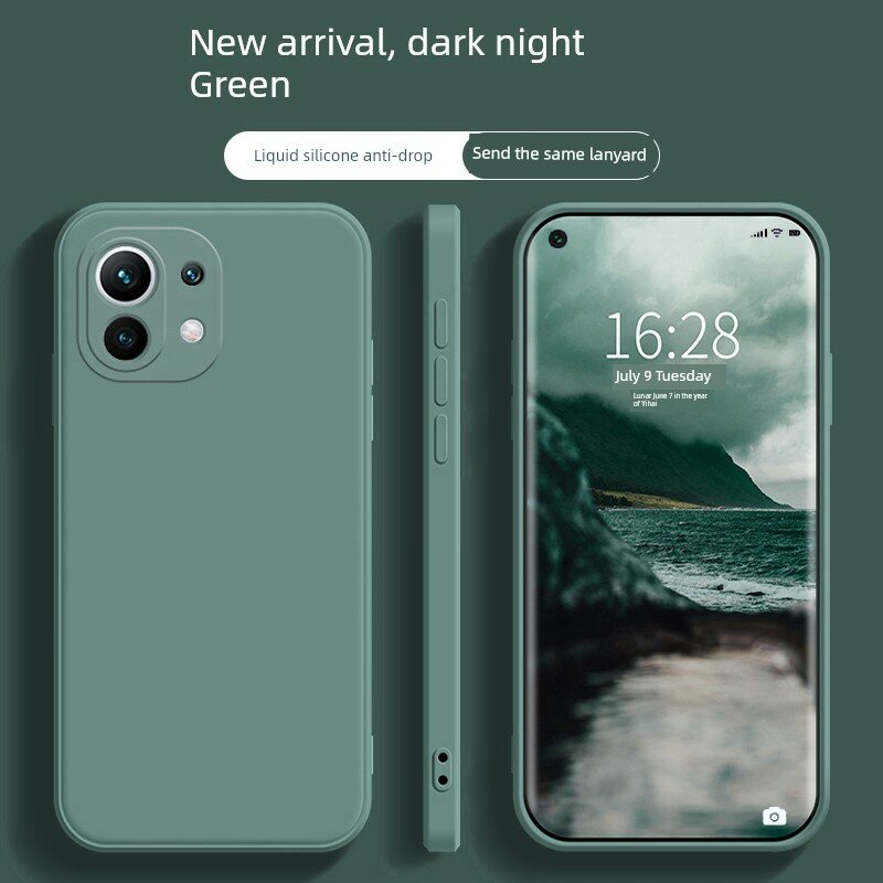 Жидкий силиконовый чехол для Xiaomi 11 - Цвет темно-зеленый, узкий прилегающий, включая защитное стекло и жидкую ленту