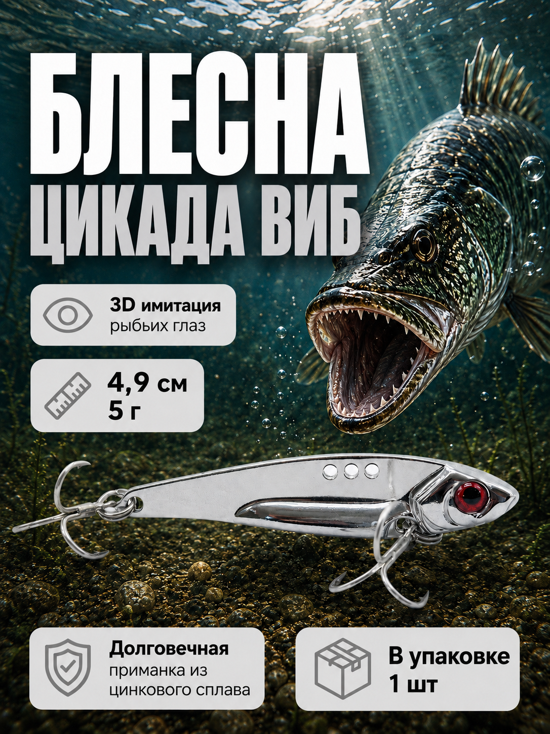 Рыболовная металлическая вибрационная виб-приманка VIB, блесна цикада, тонущая для дальнего заброса, для морской и пресноводной рыбалки 4,9 см/5 г, серебристая