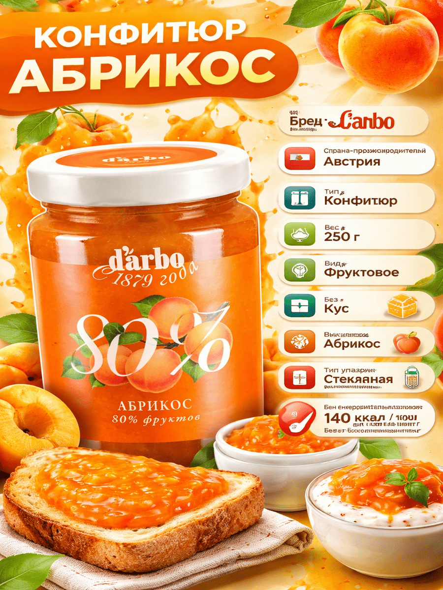 Конфитюр D'arbo Абрикос 80% фруктов, 250г