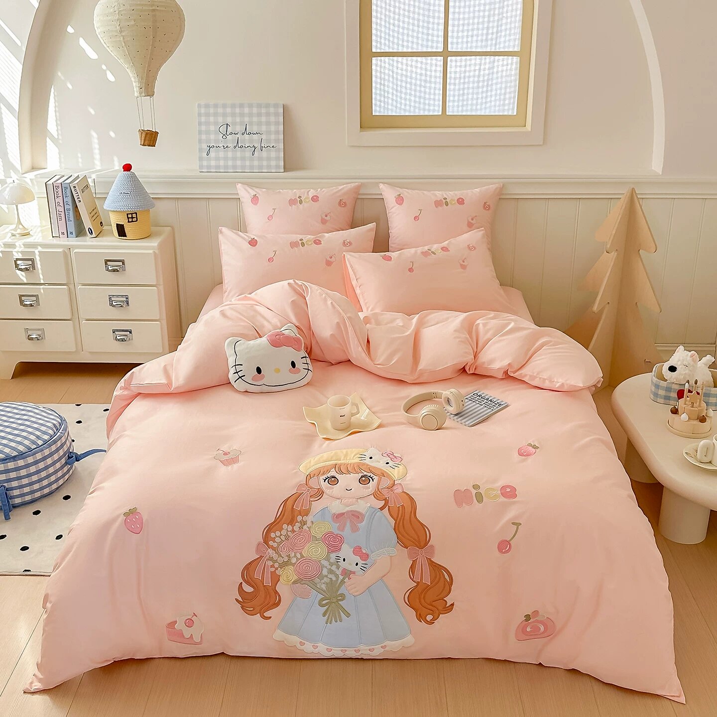 Комплект постельного белья Hello Kitty из 100% хлопка, состоящий из четырех предметов, милый детский комплект из 100%